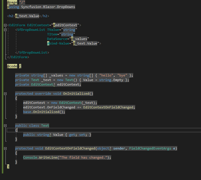 Using the two-way binding is firing the OnFieldChanged event of the EditContext in Blazor ...