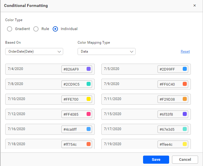 To display all available data in individual color palette in Bold BI ...