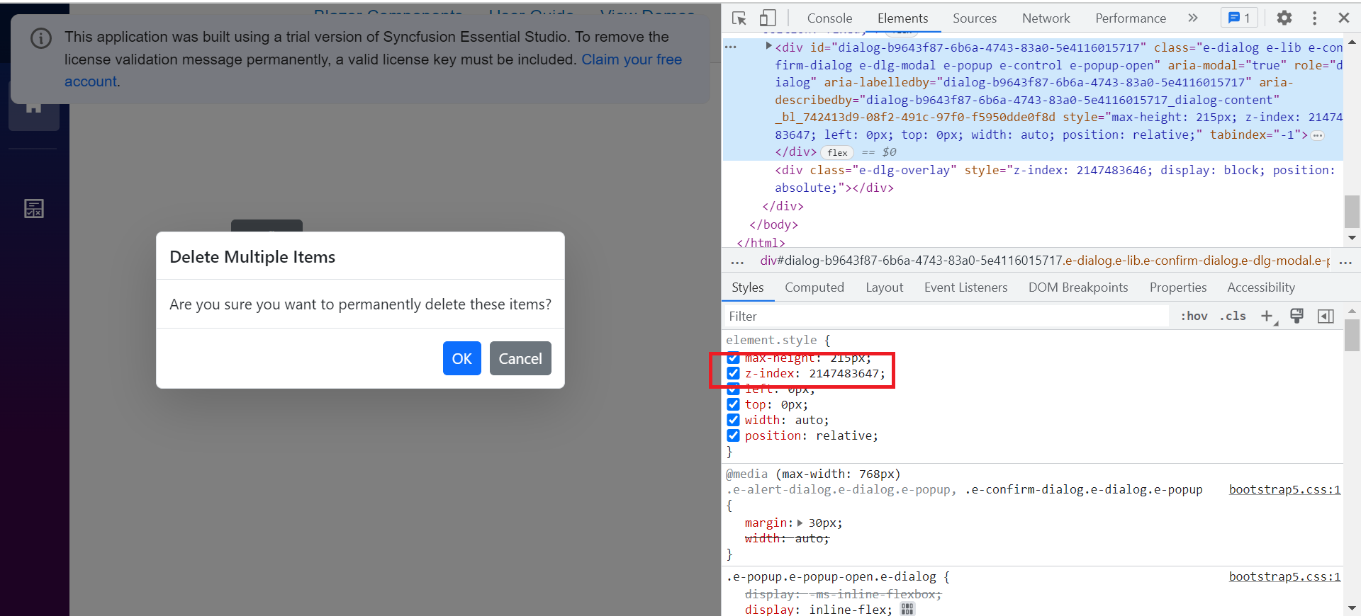 The Z Index Property Is Not Functioning Properly In Predefined Dialogs In Blazor Feedback Portal