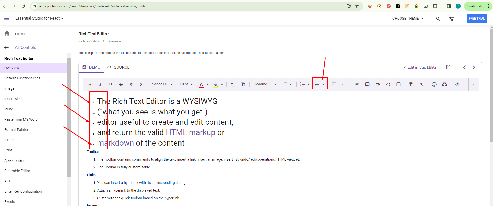 The bullet format list in rich text editor, is unable to sync with the text formats in React ...
