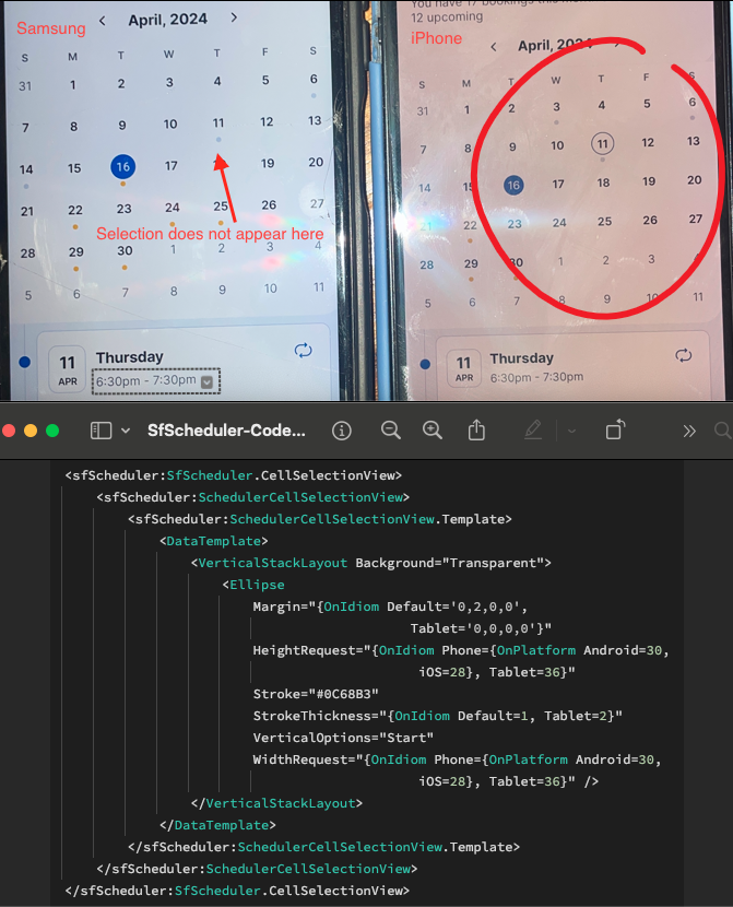 SfScheduler does not show custom view as a selection in Samsung devices in .NET MAUI | Feedback ...